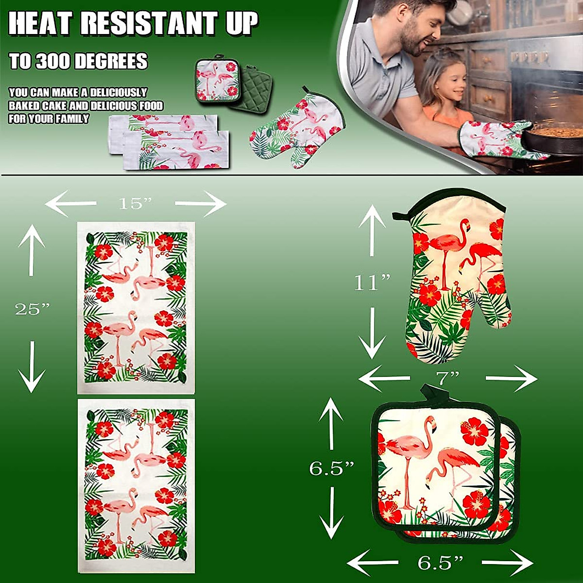 Lobyn Value Packs - 5 Piece Tropical Kitchen Towel Set: Features Flock of Pink Flamingos, 2 Decorative Dish Towels, 1 Oven Mitt, and 2 Potholders