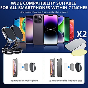 DAFUZ 2 Pack Alloy Folding Magnetic Car Phone Holder,360° Rotation Magnetic Cell Phone Holder for Car, [Super Strong Magnet] for All Smartphone (Black+Silver)