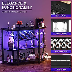 Unikito 4-Tier Metal Coffee Bar Cabinet with Outlet and LED Light, Freestanding Floor Bar Table for Liquor with Glass Holder and Wine Storage, Wine Table Bakers‘ Rack for Kitchen Dining Room, Black