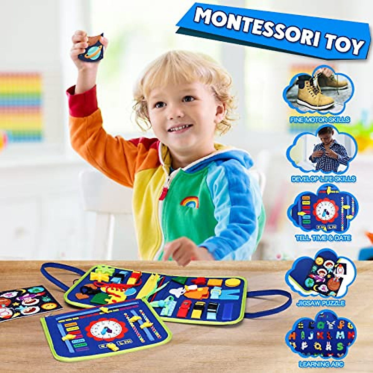 Guolely Busy Board Montessori Toy for 1 2 3 4 Year Old Toddlers - Educational Activity Developing Sensory Board for Fine Basic Dress Motor Skills - Travel Toys for Plane Car, Gift for Boys Girls