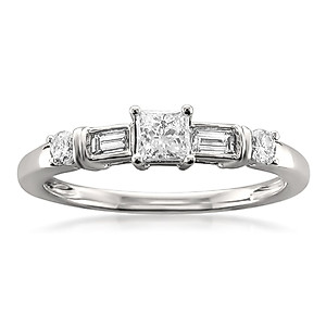 Beyond Brilliance 1/2 Carat Diamond, Prong-Set 14K White Gold Princess Cut, Baguette & Round Diamond Engagement Wedding Ring (I-J, I1-I2)