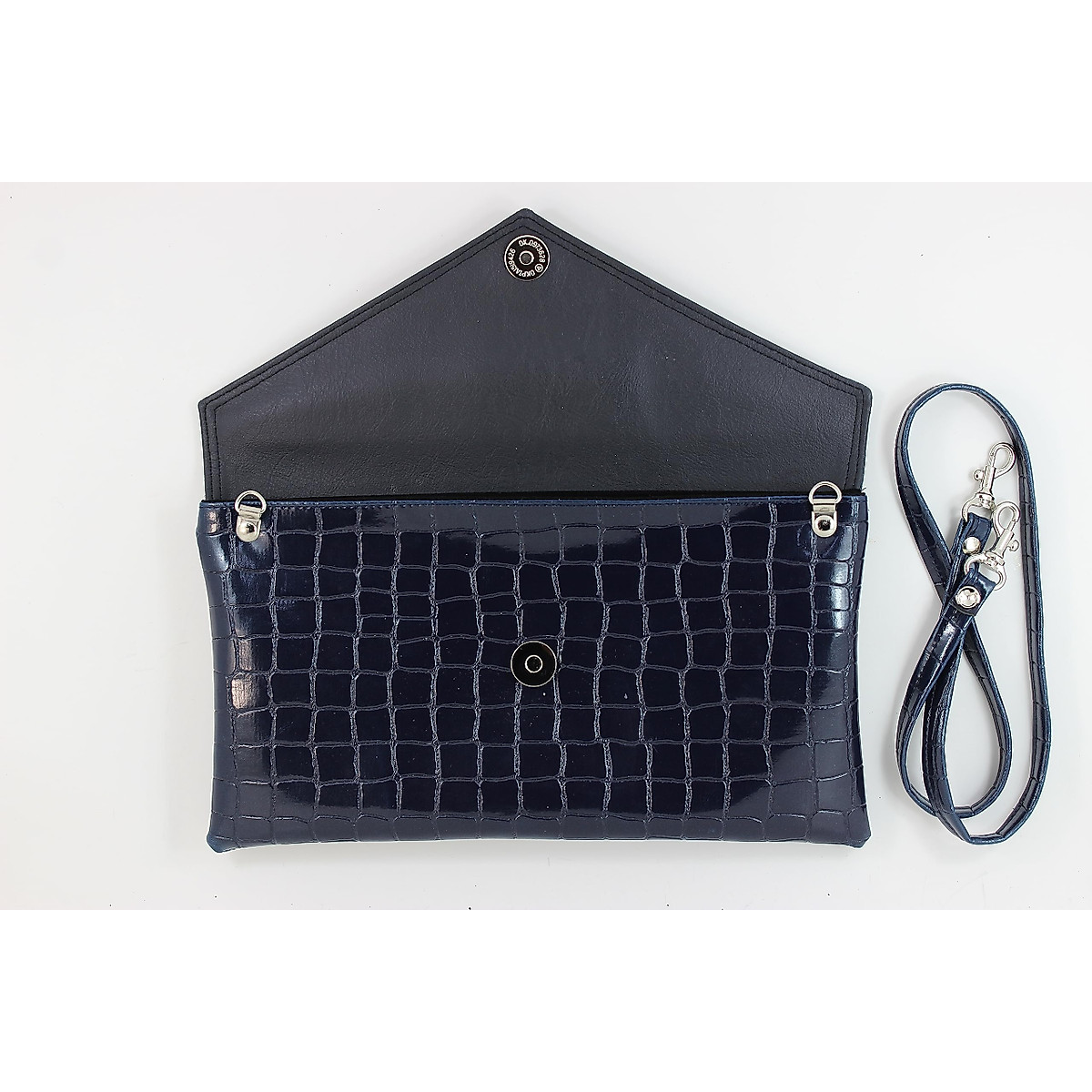 LONI Womens Neat envelope patent croc clutch bag in Black