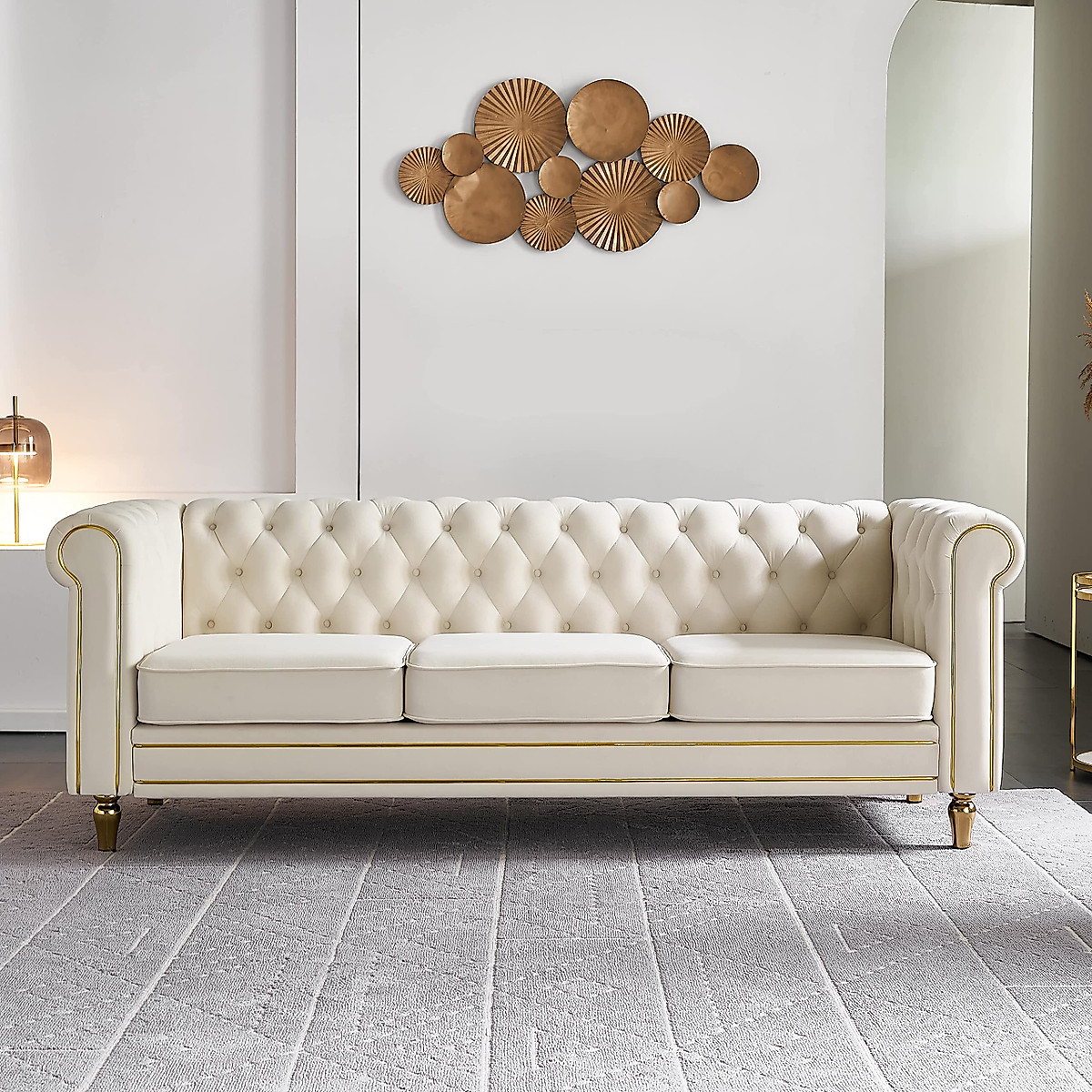 Yoglad Velvet Chesterfield Sofa, 84.65'' Mid Century Modern 3 Seater Couch with Round Arms and Metal Legs, Upholstered Sofa with Tufted Back for Living Room Bedroom (Beige)
