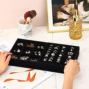 Fixwal Jewelry Tray for Drawers Set of 3, 14in Stackable Jewelry Organizer, Jewelry Storage for Earring, Necklace, Bracelet, Watch with Removable Divider, Black