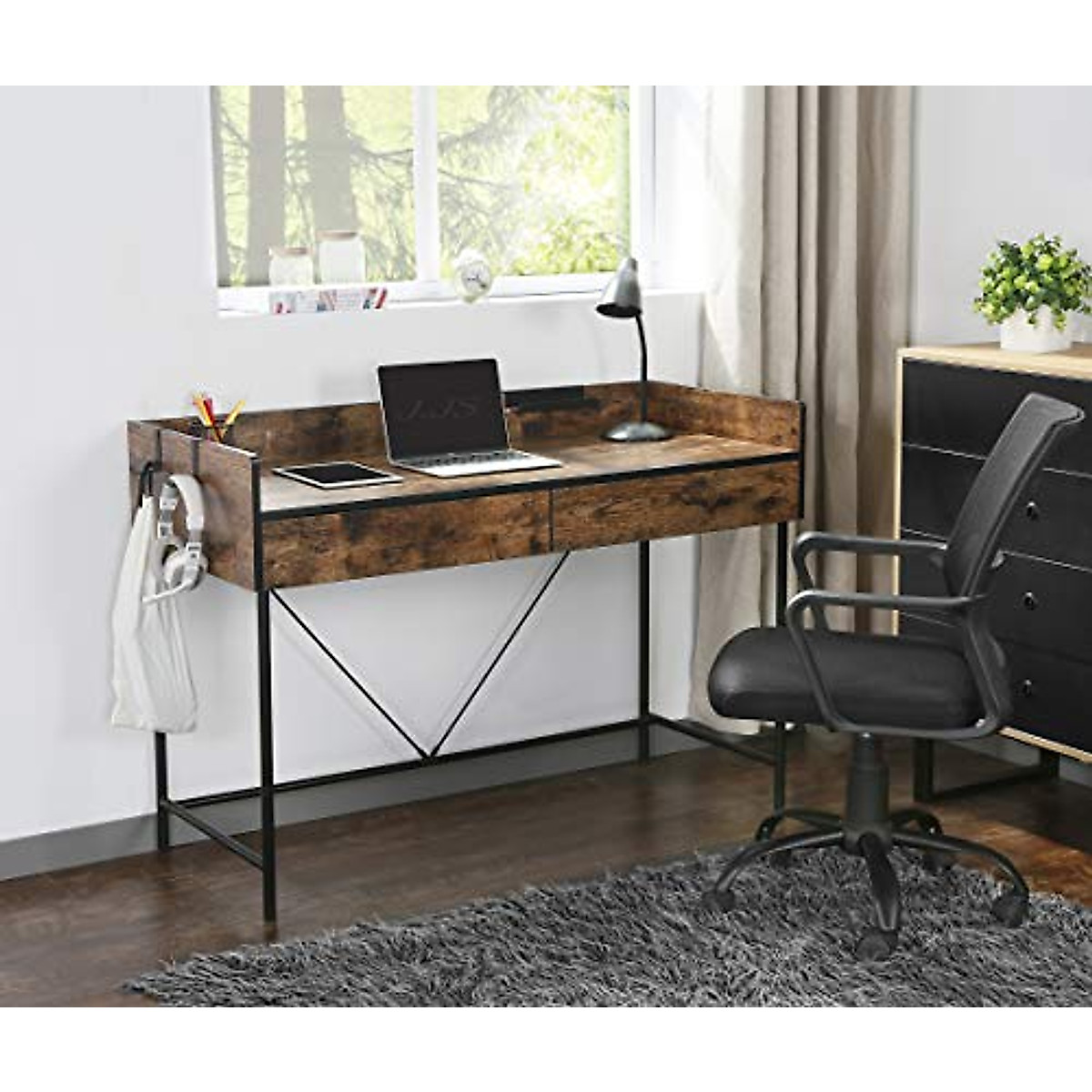 JJS 48" Home Office Computer Laptop Desk with Drawers, Modern Wooden Compact Study Writing Desk with Privacy Panel and Storage for Small Space, Rustic Brown
