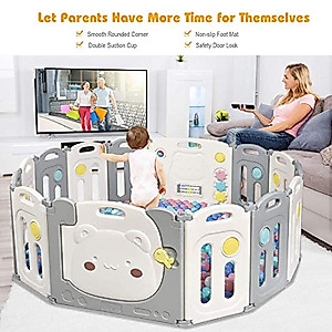 Costzon Baby Playpen, 14 Panel Foldable Thicken Kids Safety Play Fence with Storage Bag, Door with Safety Lock, 14 Rubber Suction Cups, HDPE Material BPA Free, Adjustable Shape, for Indoor Outdoor