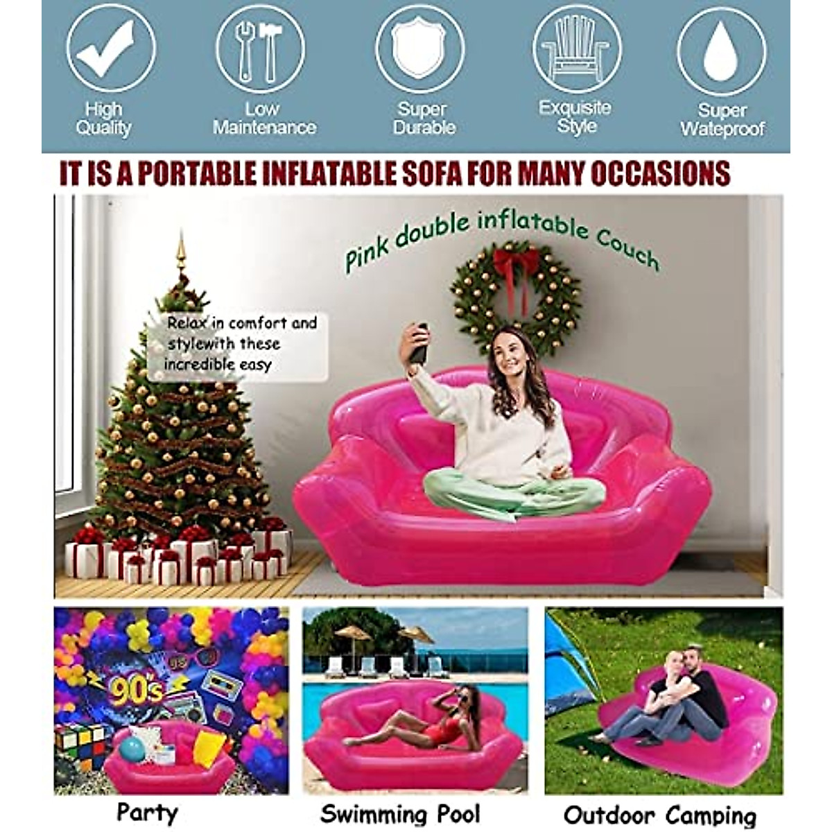 AMZHQB Inflatable Couch Chair Pink Blow Up Couch for Aldult, Luxury Double Air Sofa for Outdoor, Camping, Beach, Home, Courtyard, Lawn, Durable Waterproof
