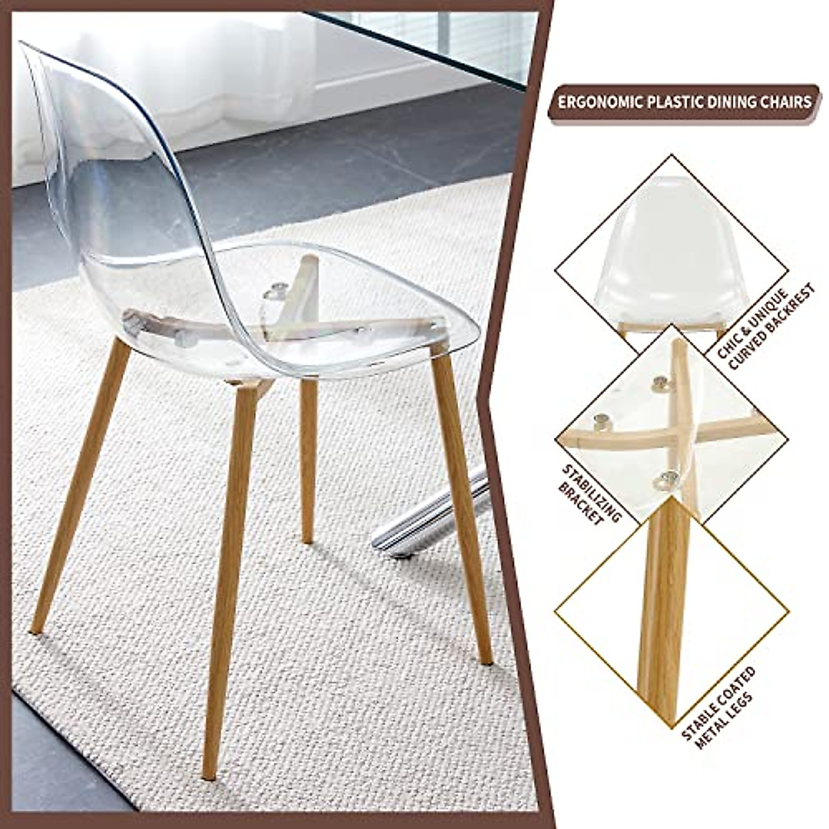 Glass Dining Table Set for 4, 51 inch Dining Table & Chair Sets with Light Wood Metal Legs for Kitchen, Modern Rectangle Tempered Glass Table Top and Transparent Plastic Dining Chair for Dining Room