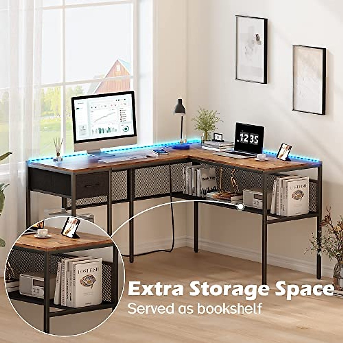 SUPERJARE L Shaped Desk with Power Outlets & LED Lights, Computer Desk with Storage Shelves & Fabric Drawer, Reversible Corner Desk with Bookshelf, Home Office Desk, Rustic Brown