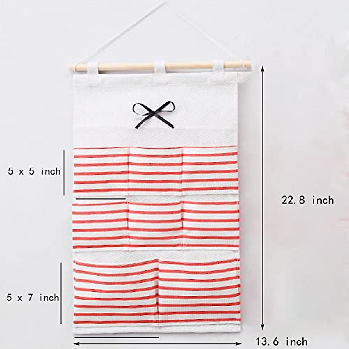 Halyuhn 23 x 14 Inch 8 Pockets Wall Hanging Storage Bag, White Red Striated Waterproof Linen Fabric Organizer with Self Adhesive Hook Wood Bar, Narrow 3-Shelf Over The Door Closet Pockets Chart