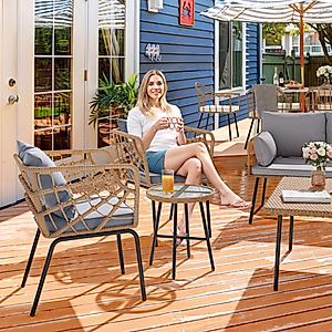 YITAHOME Wicker 3-Piece Outdoor Bistro Set, All-Weather Patio Conversation Set for Balcony, Backyard, Pool, Porch, Deck, Outdoor Sectional Furniture Set with Table & Cushions - Grey