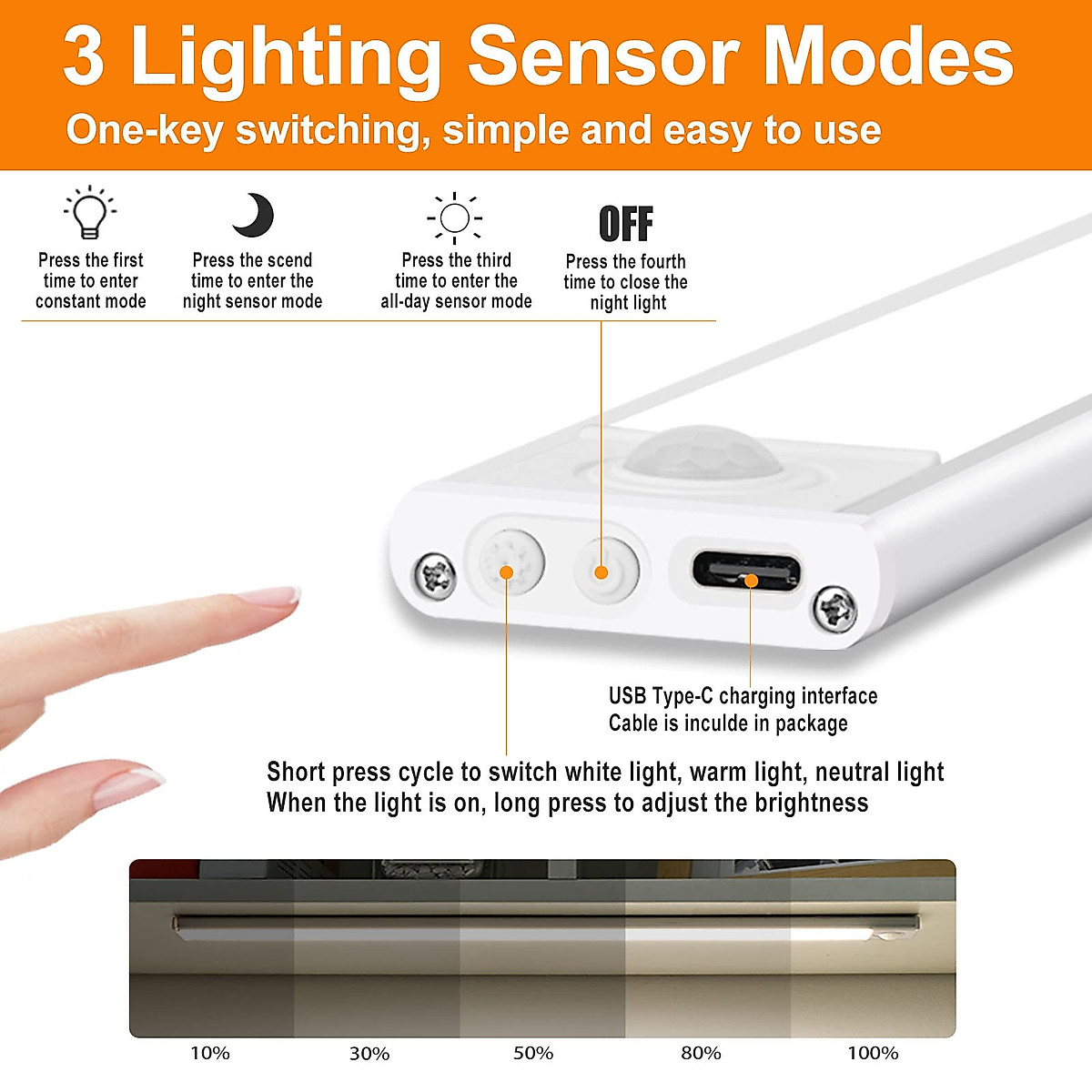 Holen Darrel Under Cabinet Lights Motion Sensor Light Wireless Battery Powered LED Counter Closet Lighting, USB Rechargeable Night Light for Kitchen Hallway Stairway Wardrobe Vanity 2 Pack 11.8 inch