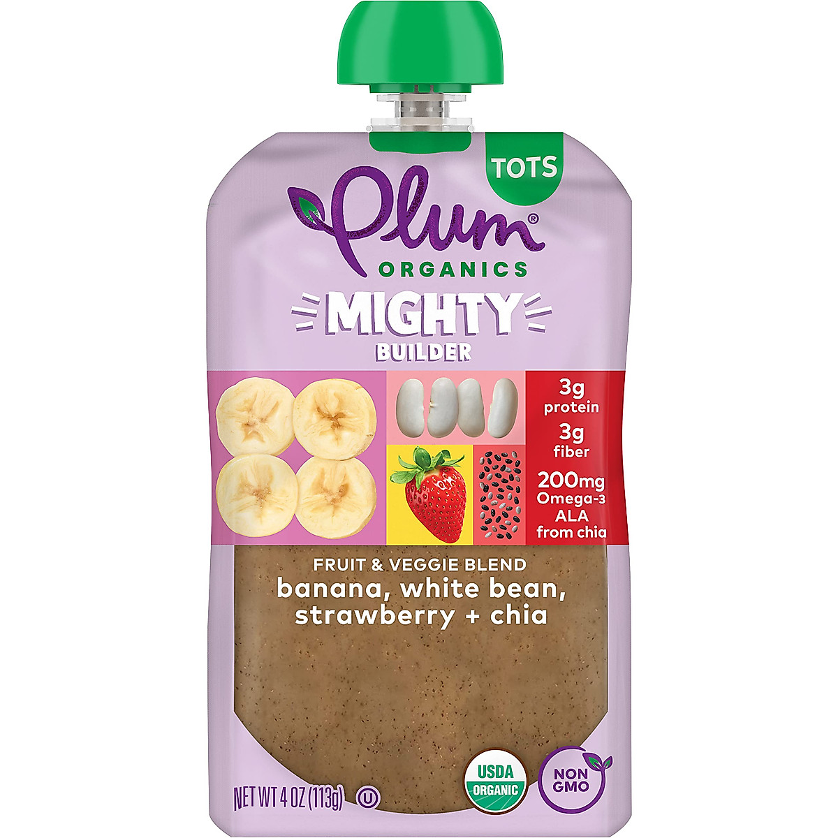 Plum Organics Mighty Builder Organic Toddler Food - Banana, White Bean, Strawberry, and Chia - 4 oz Pouch (Pack of 12) - Organic Fruit and Vegetable Toddler Food Pouch