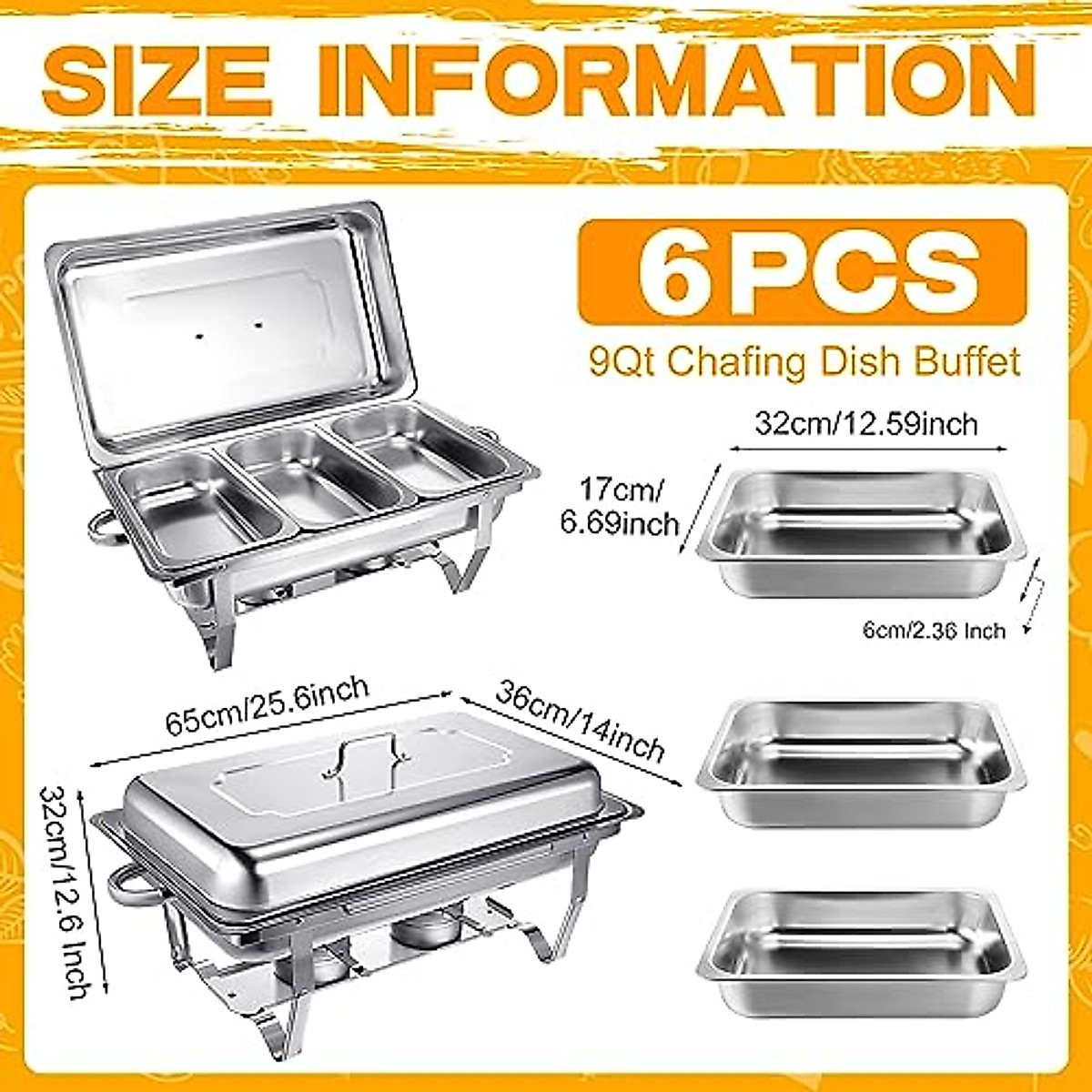 6 Pcs Chafing Dish Buffet Set 8 Qt Stainless Steel Chafer Complete Set Catering Buffet Servers and Warmers with Foldable Frame, Food Pan, Fuel Holder and Lid for Parties Banquet Wedding (3 Third Size)
