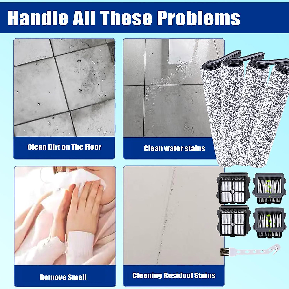 Floor ONE S5 Brush Roller Replacement Parts for Tineco Floor ONE S5/ Floor ONE S5 PRO 2 Cordless Wet Dry Vacuum Cleaner, 4 Pack Brush Roller, 4 Pack HEPA Filters and 1 Pack Cleaning Brush