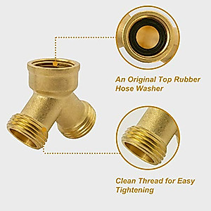 SUNGATOR 3/4 Inch No Lead Brass 2 Way Y Valve Garden Hose Connector 2-Pack Male Hose Thread Splitter Adapters with Extra 4 Rubber Hose Washers + 1 Sealing Tape