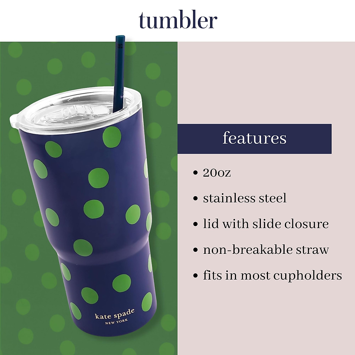 kate spade new york 20 Ounce Insulated Tumbler for Cold and Hot Drinks with Reusable Straw, Stainless Steel Travel Cup with Slide Top Lid, Sonnet Dot