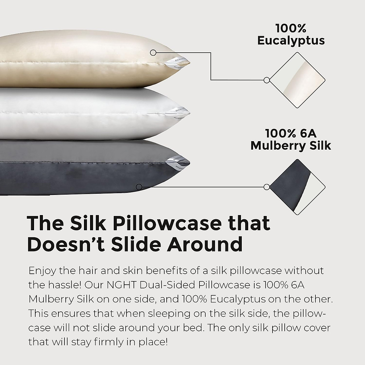 NGHT Reversible Silk Pillowcase: 100% Mulberry Silk one Side, 100% Eucalyptus Other Side - Anti-Slip Silk Pillow Covers for Soft Hair & Skin - 30” x 20” Queen Size Standard Size