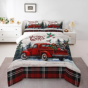 Merry Christmas Comforter Set King Size,Vintage Xmas Truck Quilt Set Red Black Checkered Bedding Set 3Pcs for Kids Girls Boys Bedroom Decor,Rustic Farmhouse Wood Duvet Insert,2 Pillowcases