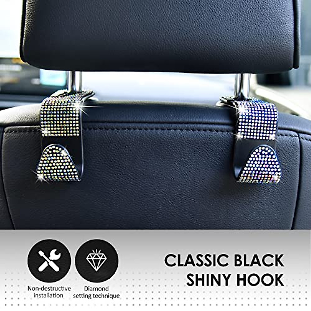 cueclue 2 PCS Car Seat Headrest Hook, Bling Rhinestone Car Storage Headrest Hanger Holder Hooks Organizer, Auto Back Seat Hangers Rear, Headrest Hooks for Purse Groceries Bag Handbag (Multicolour)