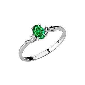 14K White Gold Oval Cut Green Emerald Solitaire Swirled Wavy May Birthstone Promise or Engagement Ring - Size 7
