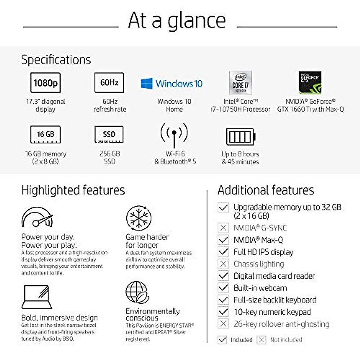 HP Pavilion Gaming Laptop 17-inch, Intel Core i7, NVIDIA GeForce GTX 1660 Ti with Max-Q, 16 GB RAM, 256 GB SSD, Windows 10 Home (17-cd1030nr, Shadow Black)