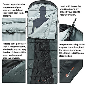 Alpine Swiss 0°C (32°F) Sleeping Bag Lightweight Waterproof with Compression Sack Adults All Seasons Camping Hiking Backpacking Travel Outdoor Indoor Black Gray