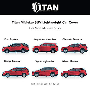 Titan Lightweight Poly 210T Car Cover for Mid-Size SUV 188-206". Waterproof, UV Protection, Scratch Resistant, Driver-Side Zippered Opening. Fits Explorer, Grand Cherokee and More.