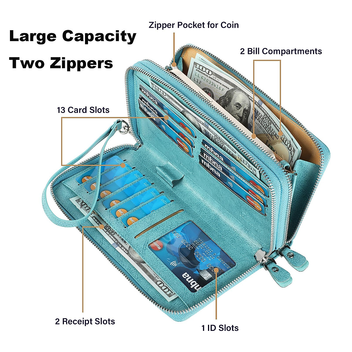 Lavemi Women's 100% Leather Double Zipper Large Capacity RFID Blocking Phone Holder Clutch Travel Purse with Wristlet Strap(Double Zipper Light Green)