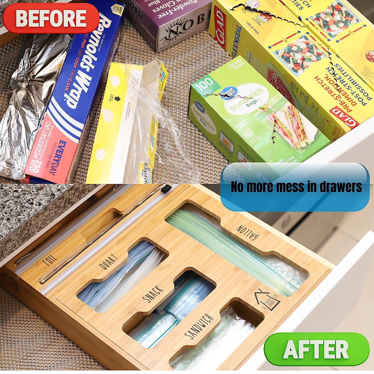 The Skinny Home - Ziploc bag's, plastic and foil dispenser; gallon, quart, sandwich and snack bags & 12" rolls. The perfect pantry solution for organized kitchen storage!