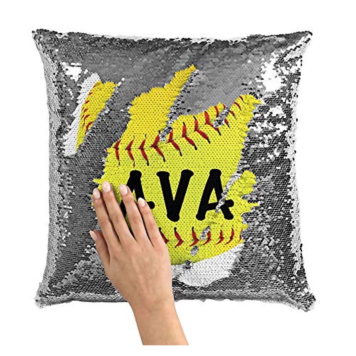 Violet Victoria & Fan Star Personalized Softball Sequin Mermaid Flip Pillow (Silver Sequins - Pillowcase Only)