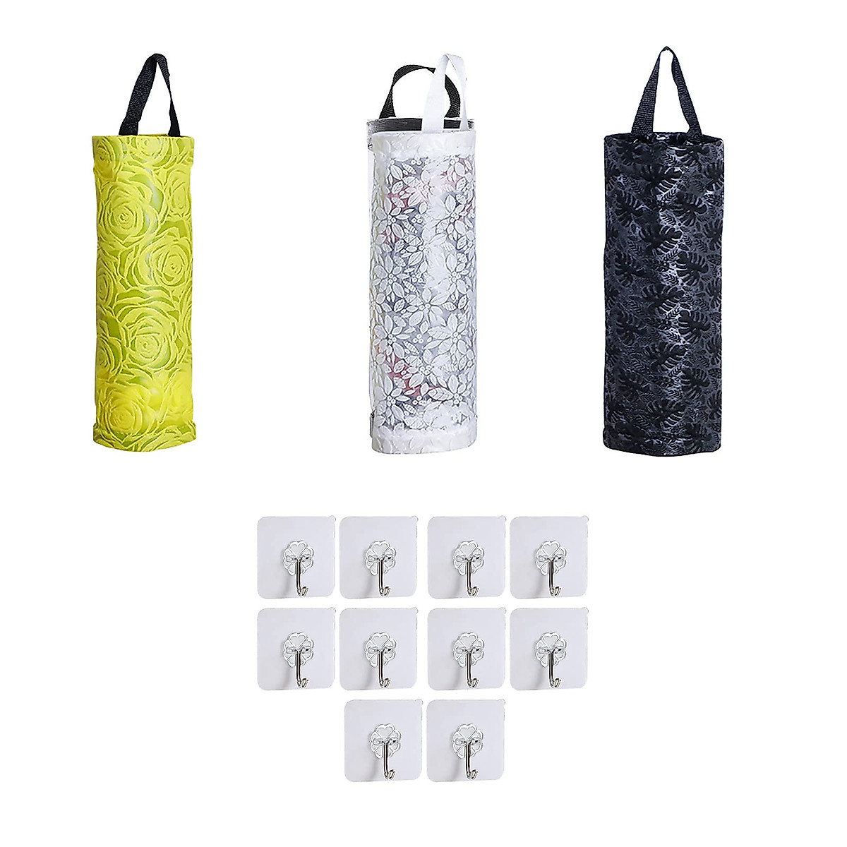 DCQRY 3Pack Plastic Bag Holder, Wall Mount Grocery Bag Holder with 10Hooks, Mesh Hanging Storage Organizer, Shopping Bag Storage Dispenser Trash Bag Holder for Home Kitchen