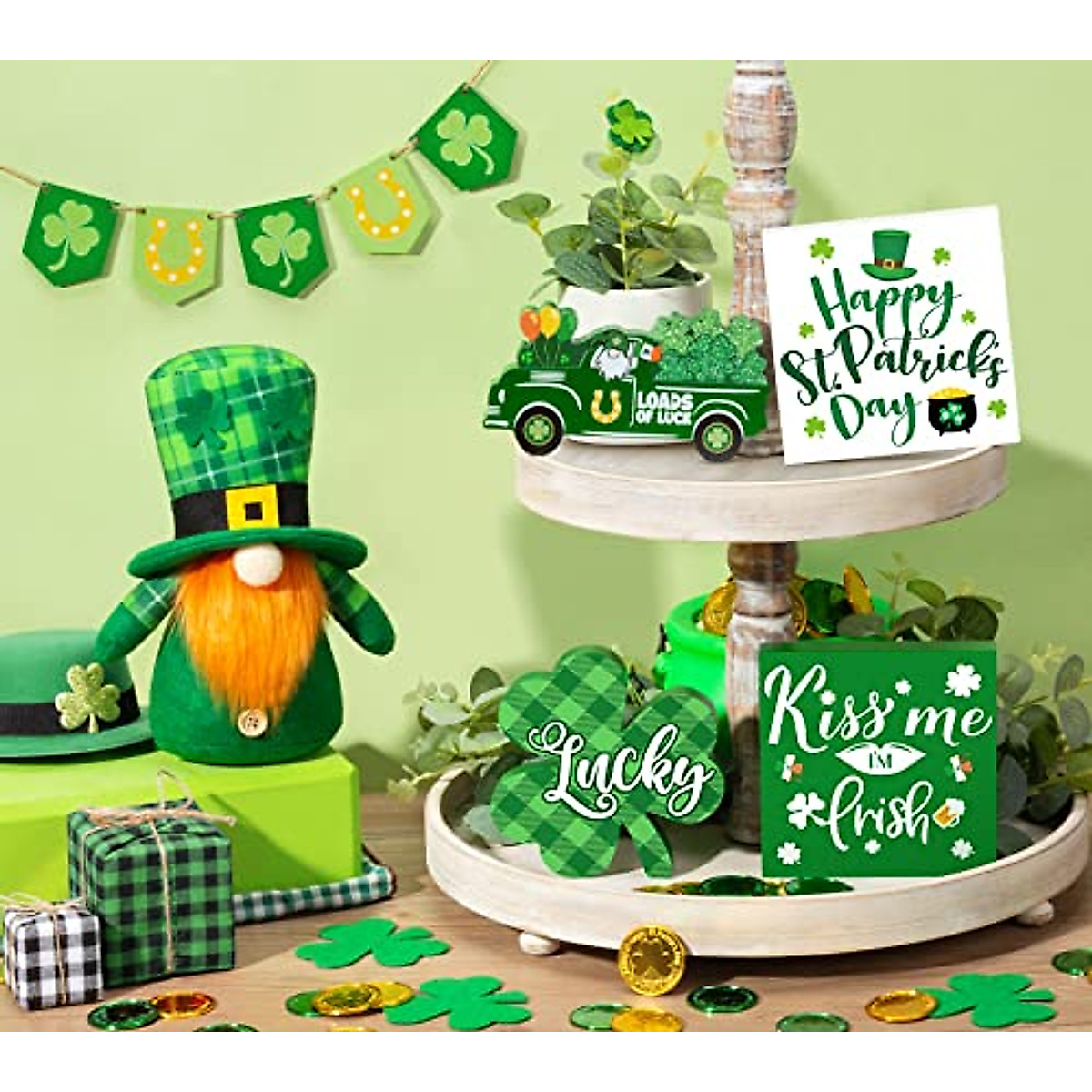 21 PCS St. Patrick's Day Decorations for Home St. Patrick's Day Tiered Tray Decor Set - Shamrock Decor Lucky Wood Sign Irish Kiss St. Patrick's Day Decor for Saint Patrick's Day Home Table Shelf
