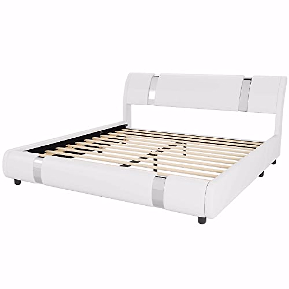 Keyluv Modern Faux Leather Upholstered Platform Bed Frame with Metal Decoration Headboard, Curved Headboard, Wooden Slats Support, No Box Spring Needed, Full Size, White