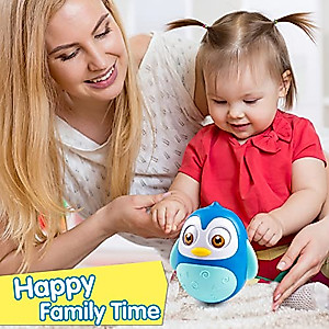 UNIH Roly Poly Baby Toys 6 to 12 Months, Tummy Time Wobbler Toys, Penguin Tumbler Wobbler Toys for Infant Boy Girl Gifts (Blue)