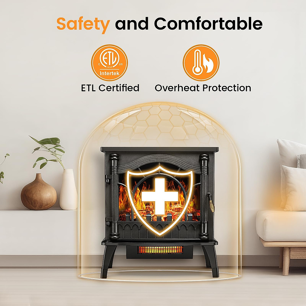 Joy Pebble Electric Fireplace Heater, 20'' Infrared Fireplace Heater 1000/1500W, 3D Realistic Flames Effect, ETL Certificated & Low Noise, Adjustable Flame Brightness, Overheating Protection