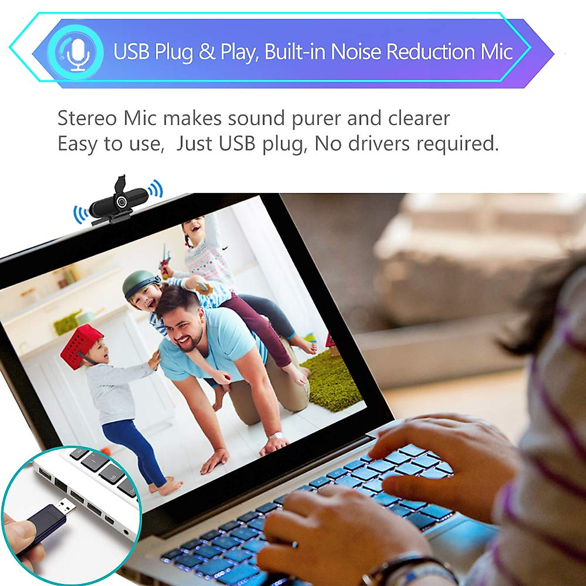 Webcam 4K HD Computer Camera 8MP Microphone PC Web Camera, Full Widescreen Laptop USB Webcams, Privacy Shutter, Tripod, Mac Desktop Notebook Webcam, Video Calling Recording Webcam