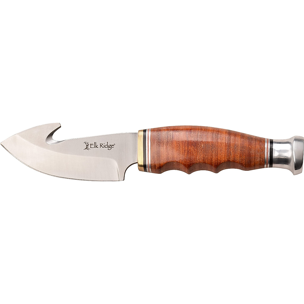 Elk Ridge - Outdoors OUTSKIRT Fixed Blade Knife - 8.25-in Overall, Satin Finish Stainless Steel Gut Hook Blade, Stacked Leather Handle, Includes Leather Sheath, Hunting, Camping, EDC - ER-200-29LBR
