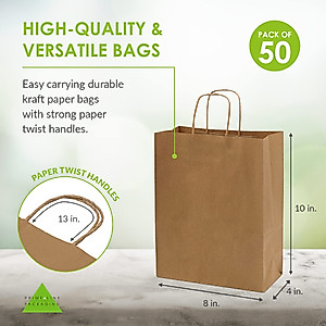 Brown Paper Bags with Handles - 8x4x10 Inch 50 Pack Small Kraft Shopping Bags, Craft Gift Totes in Bulk for Boutiques, Small Business, Retail Stores, Birthdays, Party Favors, Jewelry, Merchandise