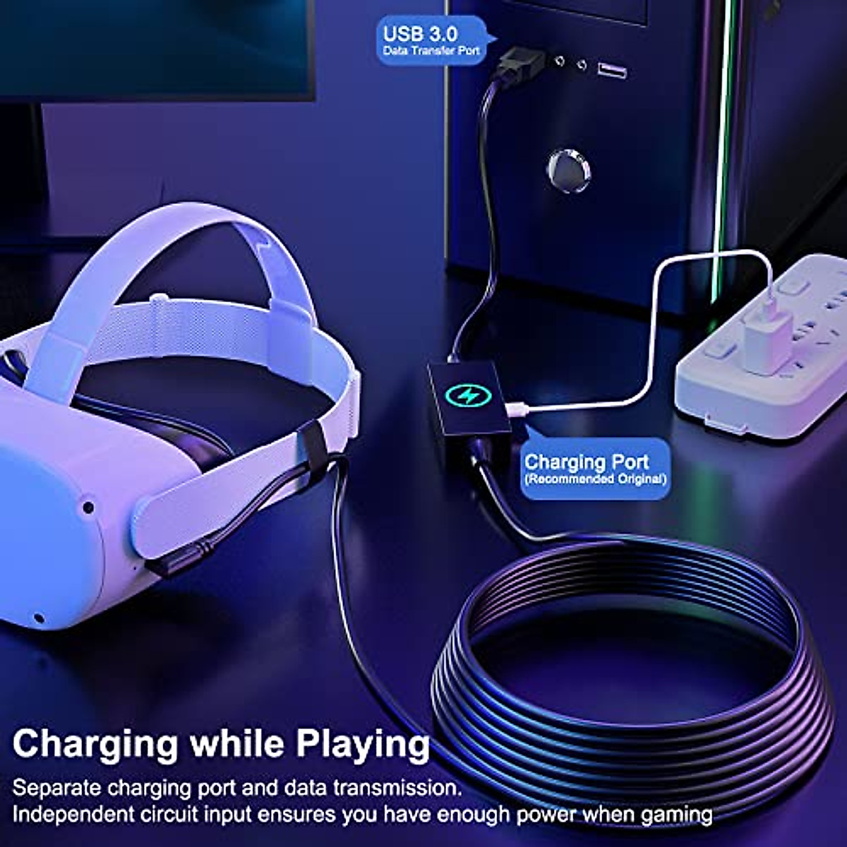 AODELAN Link Cable 16 FT Compatible with Meta/Oculus Quest 2 Accessories and PC/Steam VR,with Separate Charging Port & High Speed PC Data Transfer,USB 3.0 to USB C Cable for VR Headset and Gaming PC
