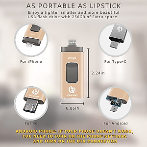 USB Flash Drive 256GB 3.0 USB Flash Drive Type c Flash Drive YSeaWolf photostick Mobile for USB External Storage, Type c, Android, PC USB Picture Stick USB Memory Stick for Phone Gold