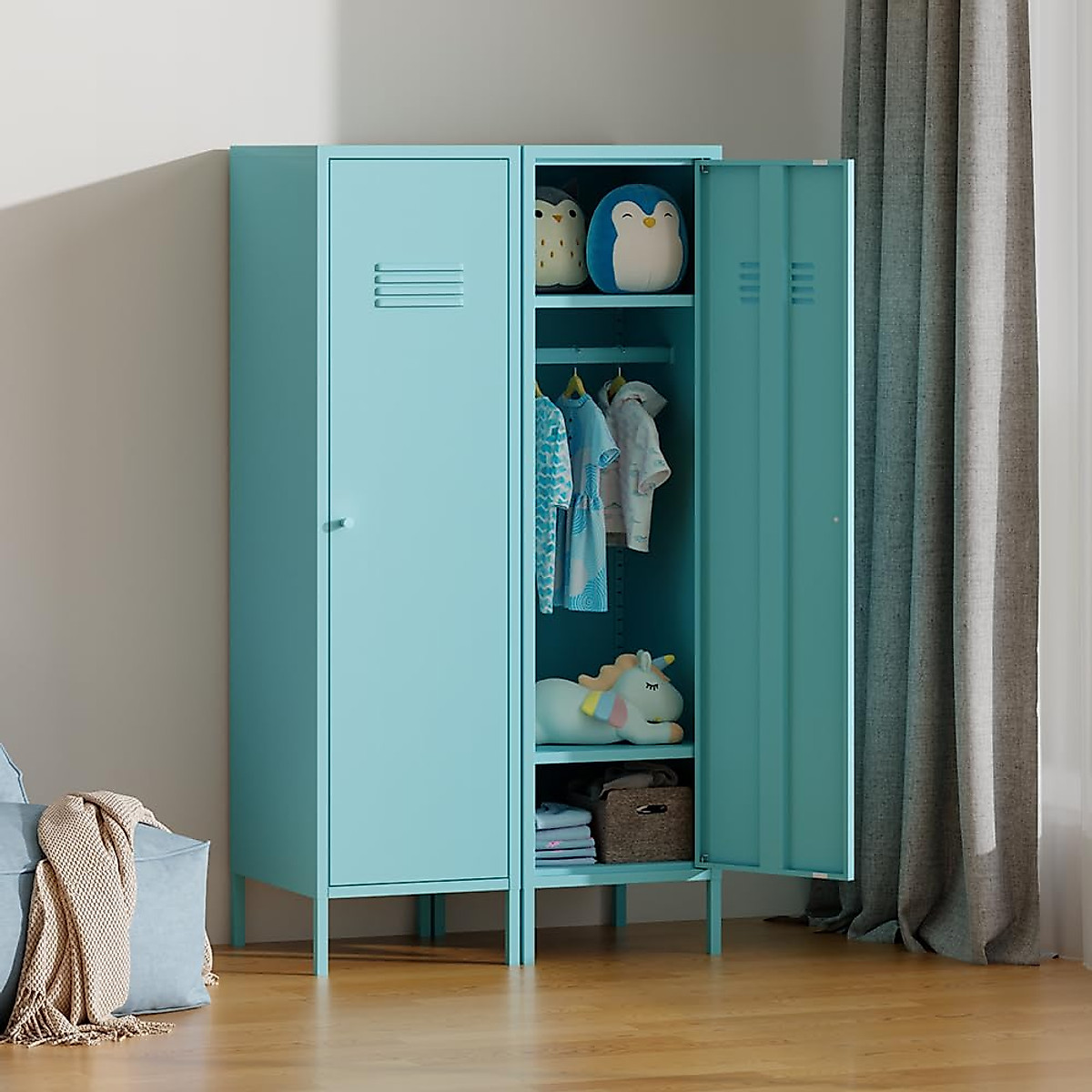 DAYTOYS Metal Storage Cabinet for Kids Bedroom, School Classroom,Office, Home-Kids Lockers Cabinet with 2 Shelves and Hanging Rod-Stackable Steel Storage Cabinet for Home (Blue)