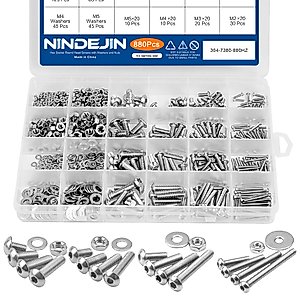 NINDEJIN Metric Button Head Socket Cap Screw Bolts & Flat Washers & Nuts Assortment Kit M2 M3 M4 M5 Stainless Steel Machine Screws Set and Wrench, 880 PCS