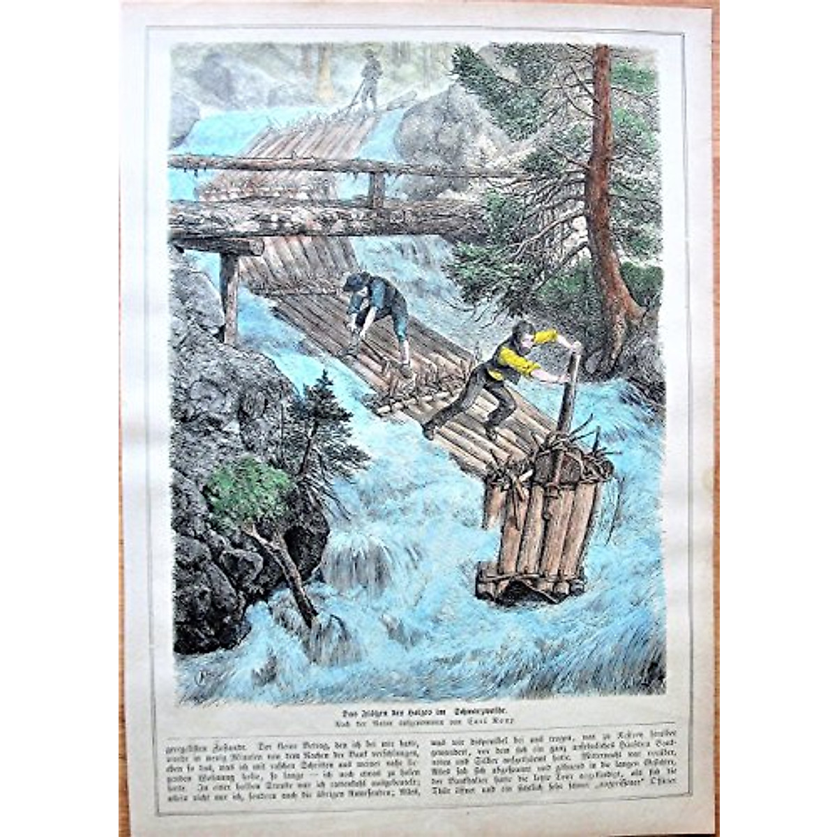 Antique Steel Engraving: Logs on River