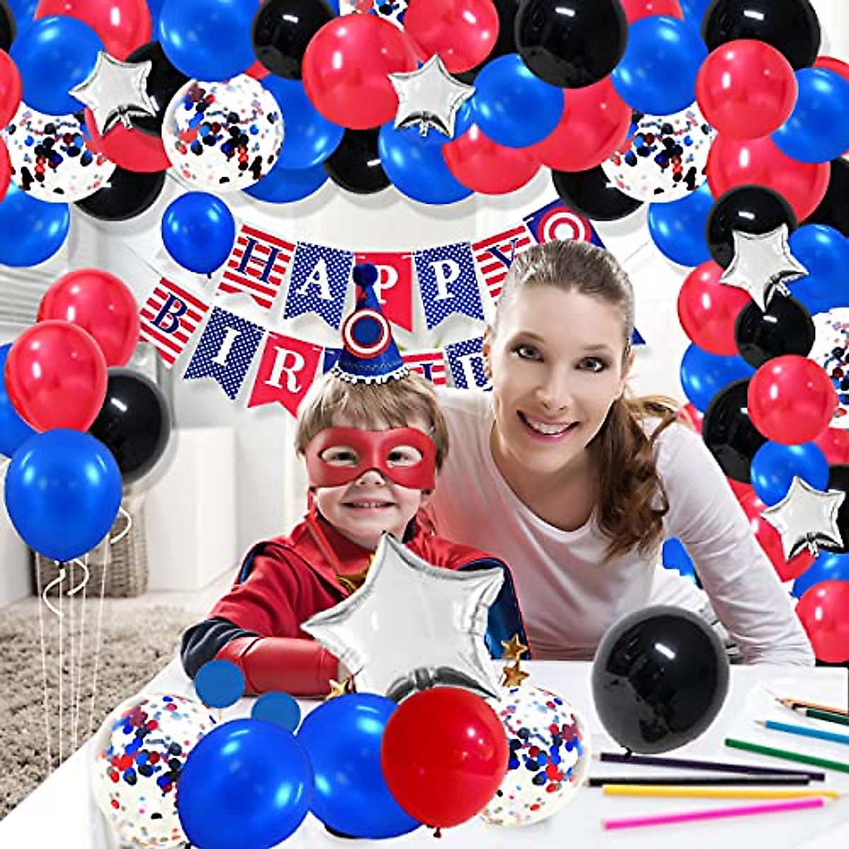 Red Blue Black Balloon Garland Arch Kit, Royal Blue Red Black Latex Confetti Balloon 16ft Arch Strip Ribbon for Kid Super Spider Hero Man Theme 3rd 4th Boy Birthday Graduation Party Decors