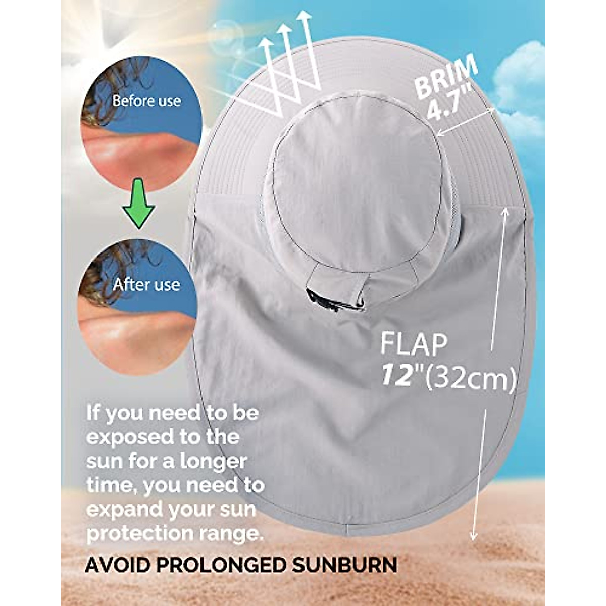 Camptrace Wide Brim UPF 50+ UV Protection Sun Hats Hiking Fishing Gardening Hats with Large Neck Flap for Womens Mens Nylon, Light Grey