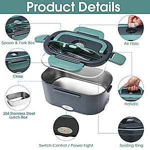 Electric Lunch Box Food Heater, Portable 60W Food Warmer Self Heating Lunch Box, 12V 24V 110V Heated Lunch Box for Car/Truck/Work–Leak Proof, 1.5L Removable 304 SS Container, Fork & Spoon & Carry Bag