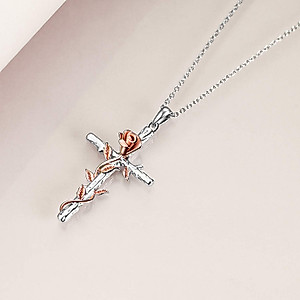 LUHE Women Cross Necklace Sterling Silver Rose/Daisy Flower Religious Cross Pendant Necklace Jewelry Gifts