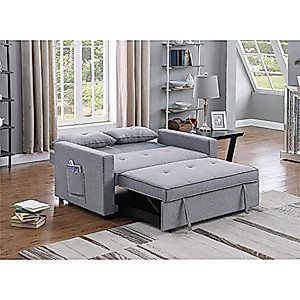 BOWERY HILL Light Gray Linen Fabric 3-in-1 Convertible Sleeper Loveseat with Side Pocket