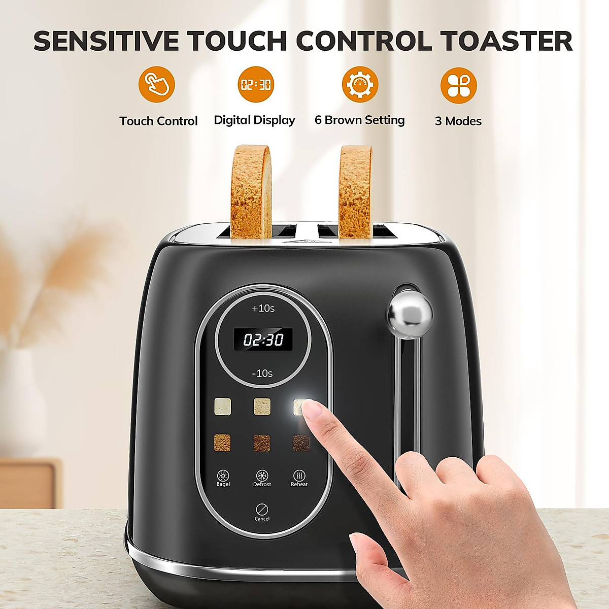 Keenstone Toaster Touch Control, Retro Toaster with Touchscreen, Stainless Steel 2 Slice Toaster Extra Wide Slot Features Bagel, Reheat, Defrost, Cancel, 6 Shade Settings&Removable Crumb Tray